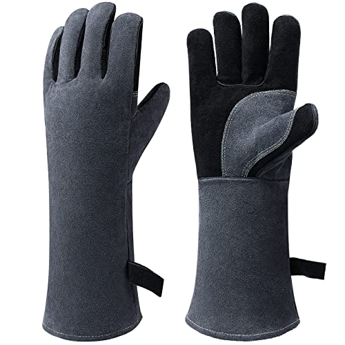 BESSTEVEN 16in Leather Welding Gloves 932â/500â Heat Resistant Pizza Oven Mitts Grill BBQ Fireplace Gloves for Men Women Grilling Cooking Baking Welder Ironworker Smoker Gifts
