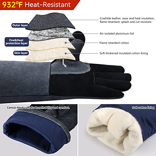 BESSTEVEN 16in Leather Welding Gloves 932℉/500℃ Heat Resistant Pizza Oven Mitts Grill BBQ Fireplace Gloves for Men Women Grilling Cooking Baking Welder Ironworker Smoker Gifts