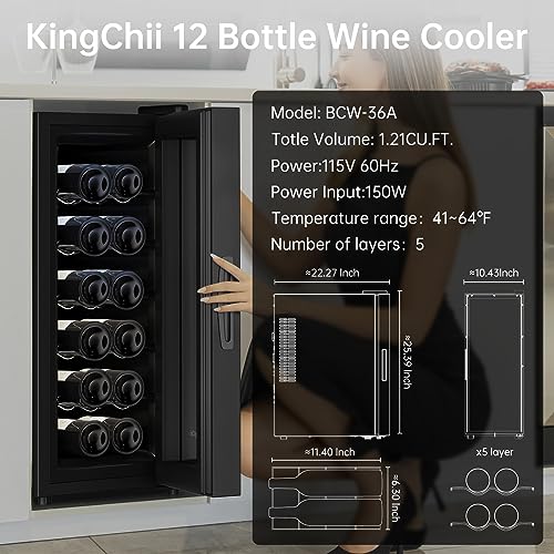 KingChii 12 Bottle Thermoelectric Wine Cooler Refrigerator Advanced Cooling Technology, Stainless Steel & Tempered Glass For Red Wine, Champagne for Home, Kitchen