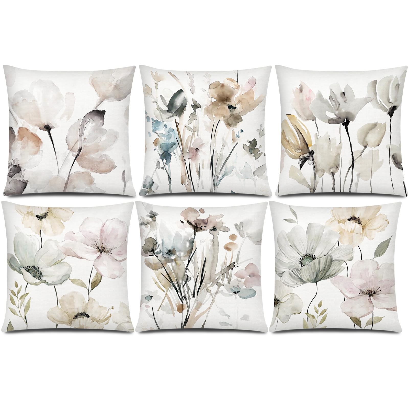 COMMINY Brown White Grey Pillow Covers 18x18 Set of 6 Flower Throw Pillow Cover for Couch Modern Decorative Watercolor Floral Cushion Cover for Sofa Bedroom Living Room Farmhouse Home Decor