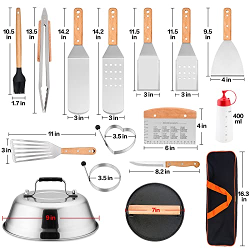 Griddle Accessories Set of 20, HaSteeL Complete Stainless Steel Griddle Spatula Tools with 9β Melting Dome, Heavy Duty Metal Spatulas Choppers Cast Iron Grill Press for Flat Top Teppanyaki BBQ Outdoor