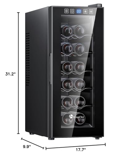 KingChii 12 Bottle Thermoelectric Wine Cooler Refrigerator Advanced Cooling Technology, Stainless Steel & Tempered Glass For Red Wine, Champagne for Home, Kitchen