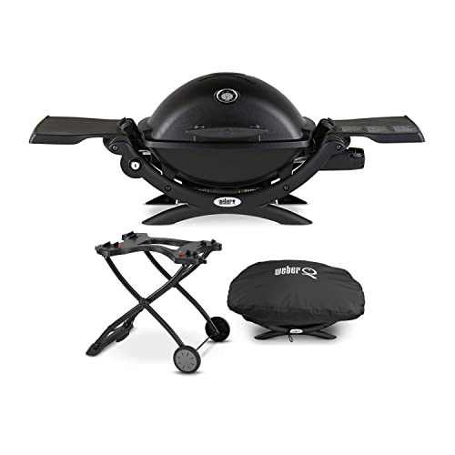 Weber Q 1200 Gas Grill - LP Gas (Black) with Portable Cart and Grill Cover Bundle (3 Items)