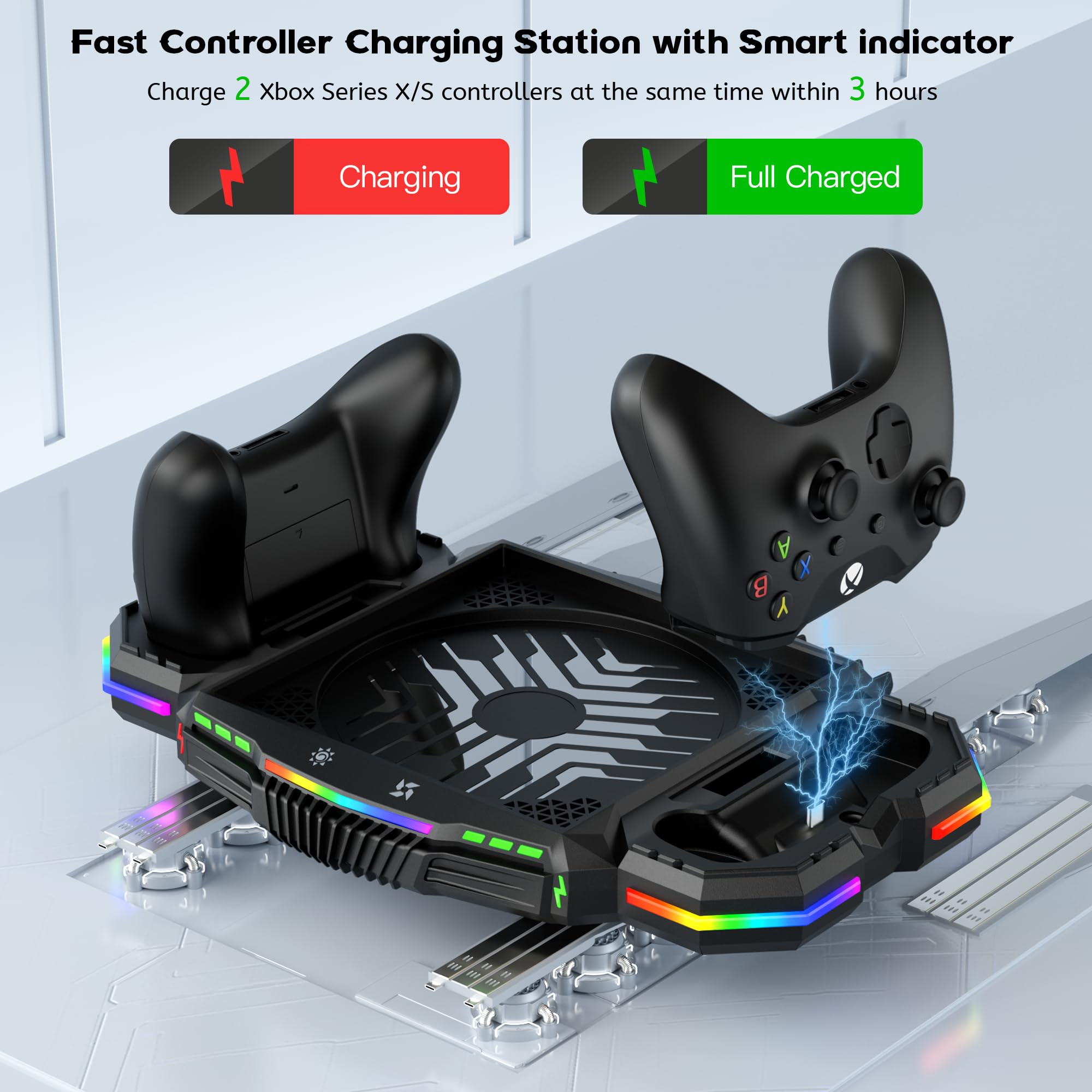 Cooling Fan Charging Stand for Xbox Series X Console and Controller - Vertical Cooler System & Charger Station with 15 RGB Light Modes, 2 Batteries and 3 Holders for Xbox Series X Accessories Storage