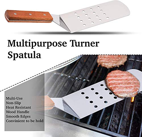Stainless Steel Metal Spatula Burger Turner Spatula,Burger Flippers,Solid Cooking Spatula,Perforated Cooking Spatula and Griddle Spatula，Hamburger Turner with wooden handle for Barbecue, Steak, Pizza