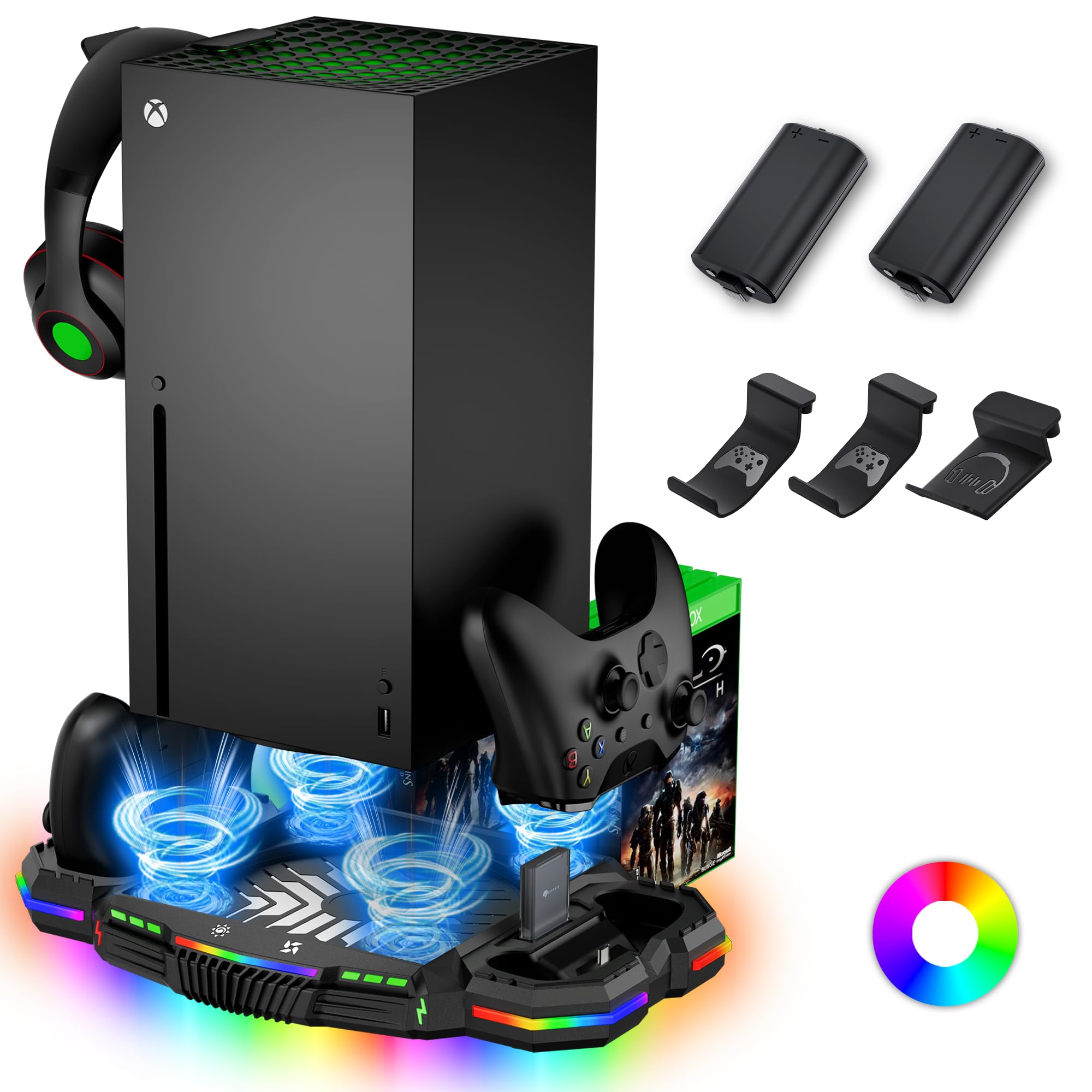Cooling Fan Charging Stand for Xbox Series X Console and Controller - Vertical Cooler System & Charger Station with 15 RGB Light Modes, 2 Batteries and 3 Holders for Xbox Series X Accessories Storage