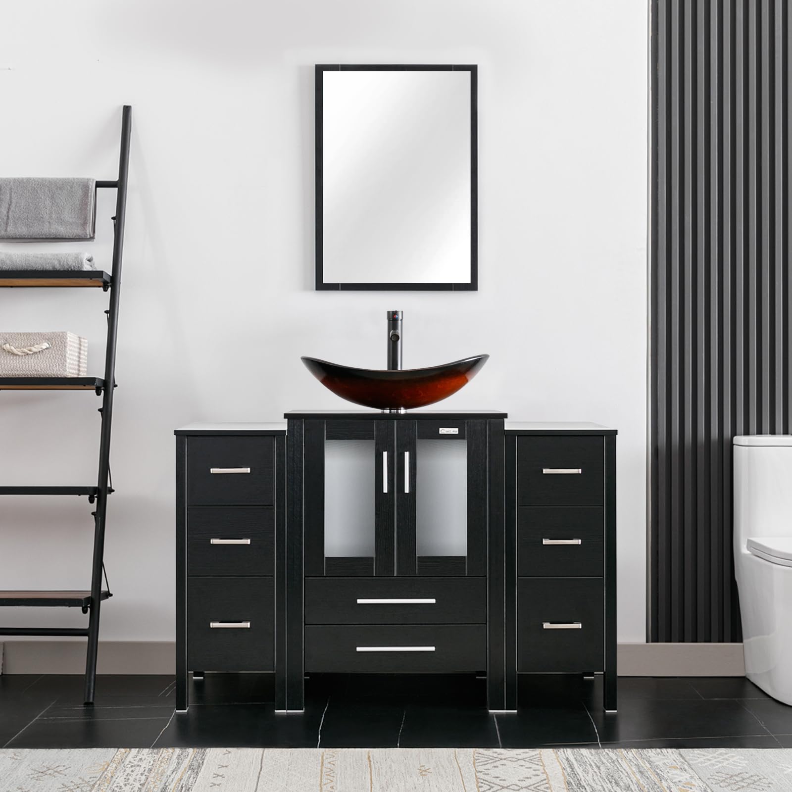 eclife 48" Bathroom Vanity Sink Combo Black W/Side Cabinets Set Gold Boat Tempered Glass Vessel Sink & ORB Water Save Faucet & Solid Brass Pop Up Drain, W/Mirror (A29G B02)