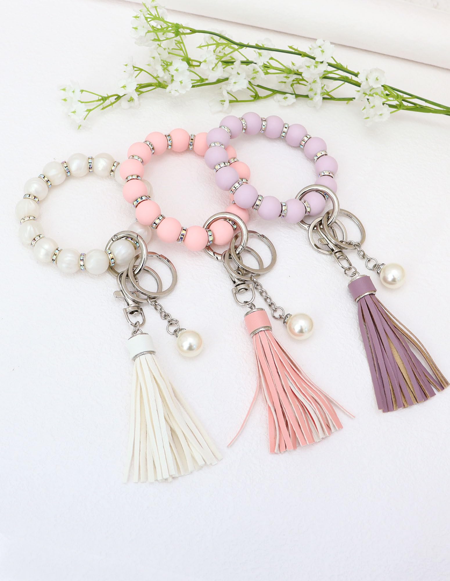 Panny & Mody Silicone Key Ring Bracelet Wristlet Keychain with Silver Bling Zircon & Leather Tassel for Women Gift (Lilac)