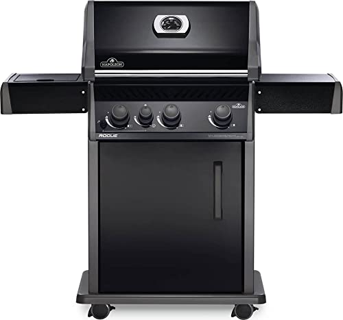 Napoleon Rogue 425 BBQ Grill, Black, Propane Gas - R425SBPK-1-OB - With Three Burners and Range Gas Side Burner, Barbecue Gas Cart, Folding Sideshelves, Instant Failsafe Ignition