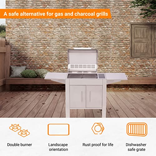 Kenyon Texan Touch Control Electric Grill With Stand, Double Burner, Built-In Grill, Marine-Grade Stainless Steel Body, Faceted Split Lid, Double Coated Dishwasher Safe Grate, 240 Volts