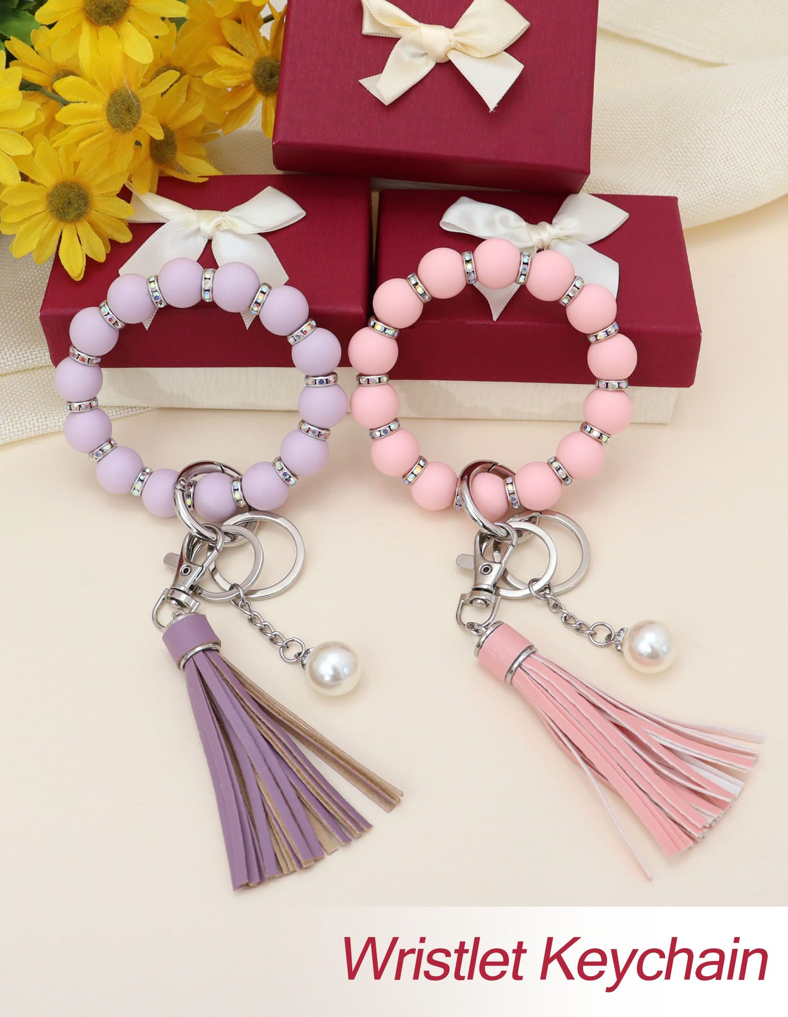 Panny & Mody Silicone Key Ring Bracelet Wristlet Keychain with Silver Bling Zircon & Leather Tassel for Women Gift (Lilac)