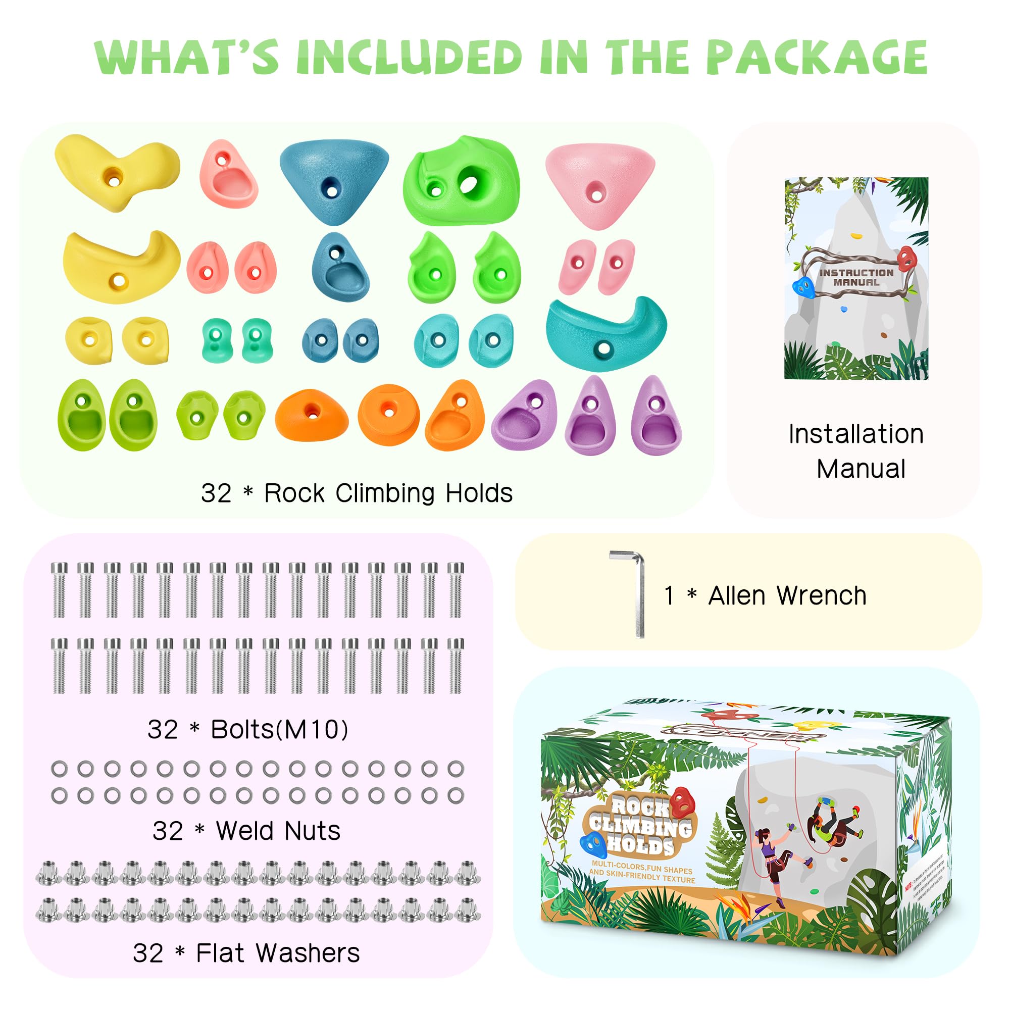 TOPNEW 32 Rock Climbing Holds Multi Size for Kids, Adult Rock Wall Holds Climbing Rock Wall Grips for Indoor and Outdoor Playground Play Set