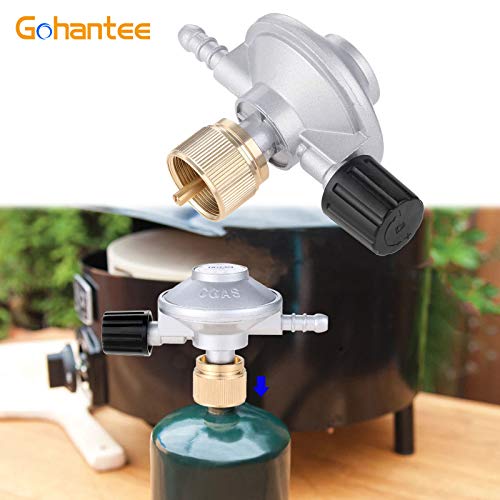gohantee Propane Low Pressure Regulator Ajustable Flow with 8mm Barb Hose Connection Connect 1LB Disposal Bottle Valve for Camping Stove