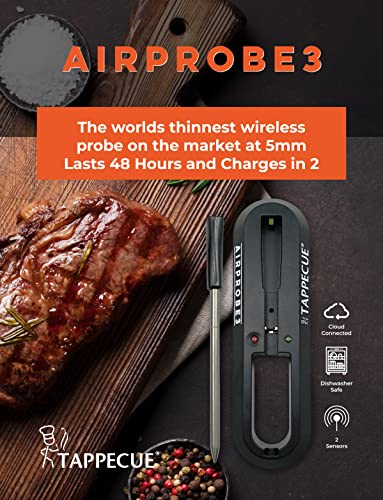 Tappecue AirProbe3 Thinner-5mm, Longer Lasting-48 hours, Smart Wireless Meat Thermometer, Bluetooth & Cloud Connected Unlimited Range, Use in Pressure Cooker, AirFryer, Grill, Oven, Smoker, Rotisserie