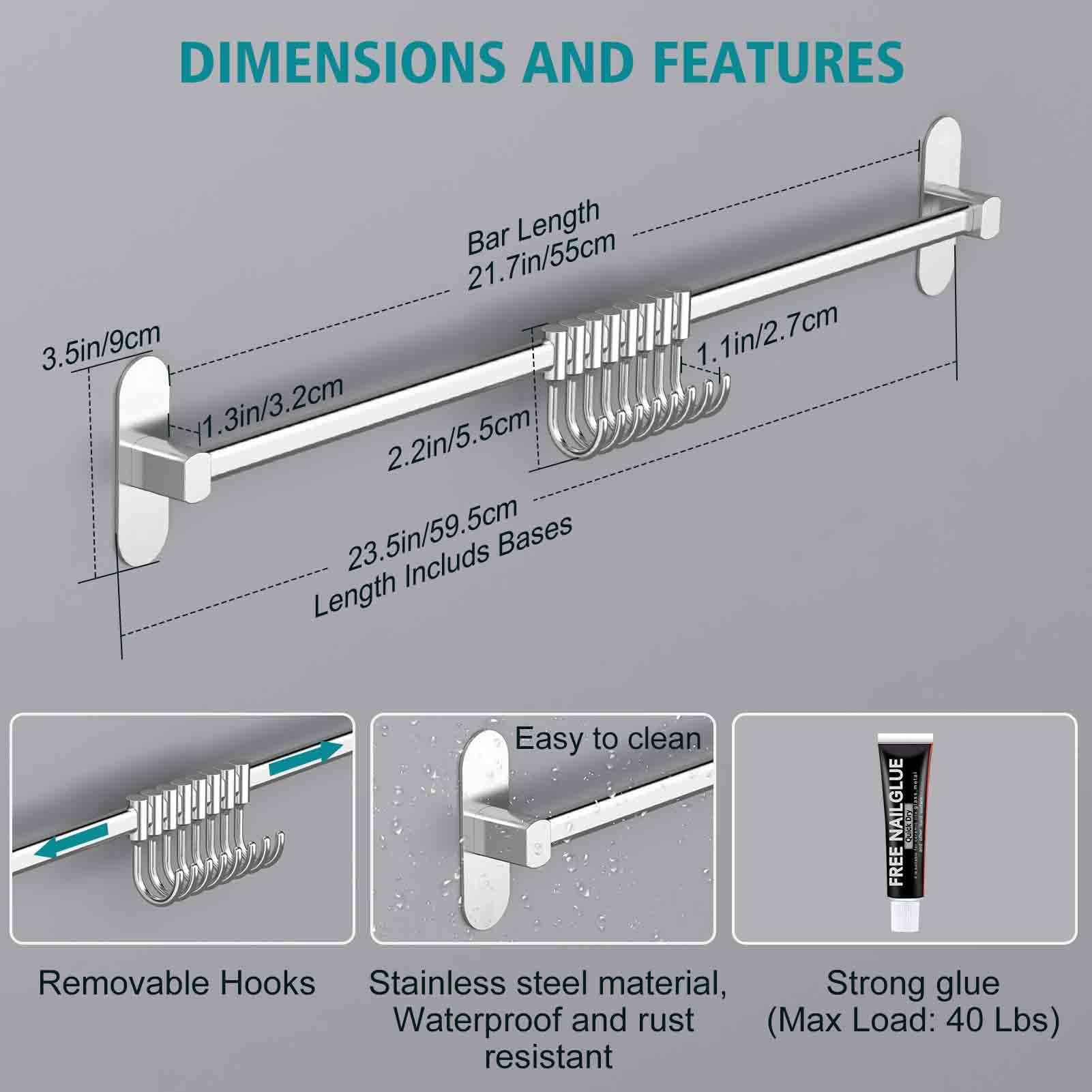 Altomoey Adhesive Wall Hooks Rack Kitchen Rail, 8 hooks 23.43Inch Space Saving Utensil Holder,No Drilling Wall Mounted Accessory Hanger for Kitchen Bathroom