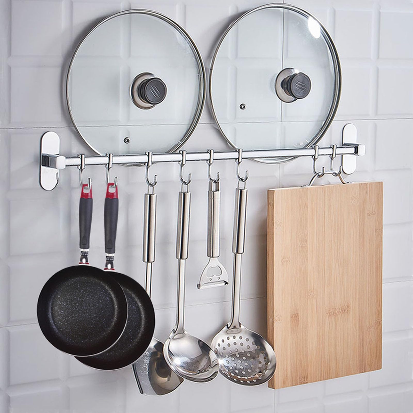 Altomoey Adhesive Wall Hooks Rack Kitchen Rail, 8 hooks 23.43Inch Space Saving Utensil Holder,No Drilling Wall Mounted Accessory Hanger for Kitchen Bathroom