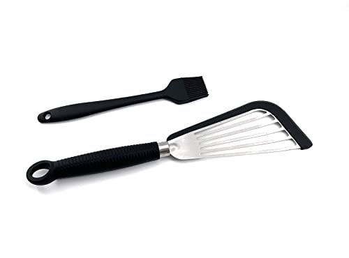 halteoly Fish Spatula Stainless steel with Silicone handled, Fish spatulas for nonstick cookware,Fish Flipper Spatula and Basting Brush (Black)