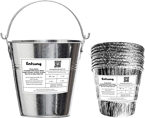 Entsong Grill Grease Drip Bucket with 10 Pack Grease Bucket Liners, Compatible with Traeger Smoker Grills/Oklahoma Joe's/Green Mountain Grill/Z Grill