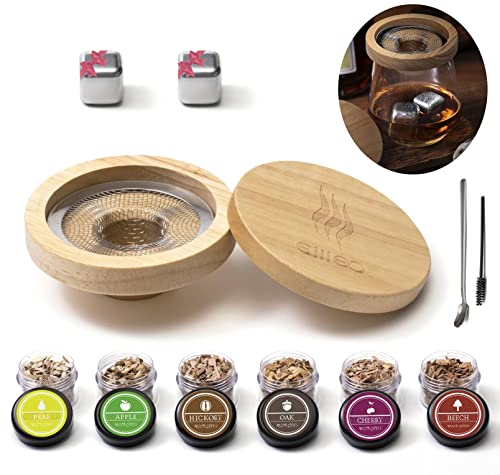 EILLEO Cocktail Smoker Kit, 2 Whiskey Stones & 6 Flavors Wood Chips, Drink Smoker Infuse Kit for Bourbon, Whiskey, Cocktail, Wine, Old Fashioned Smoker Kit for Adults and Drinks Lover