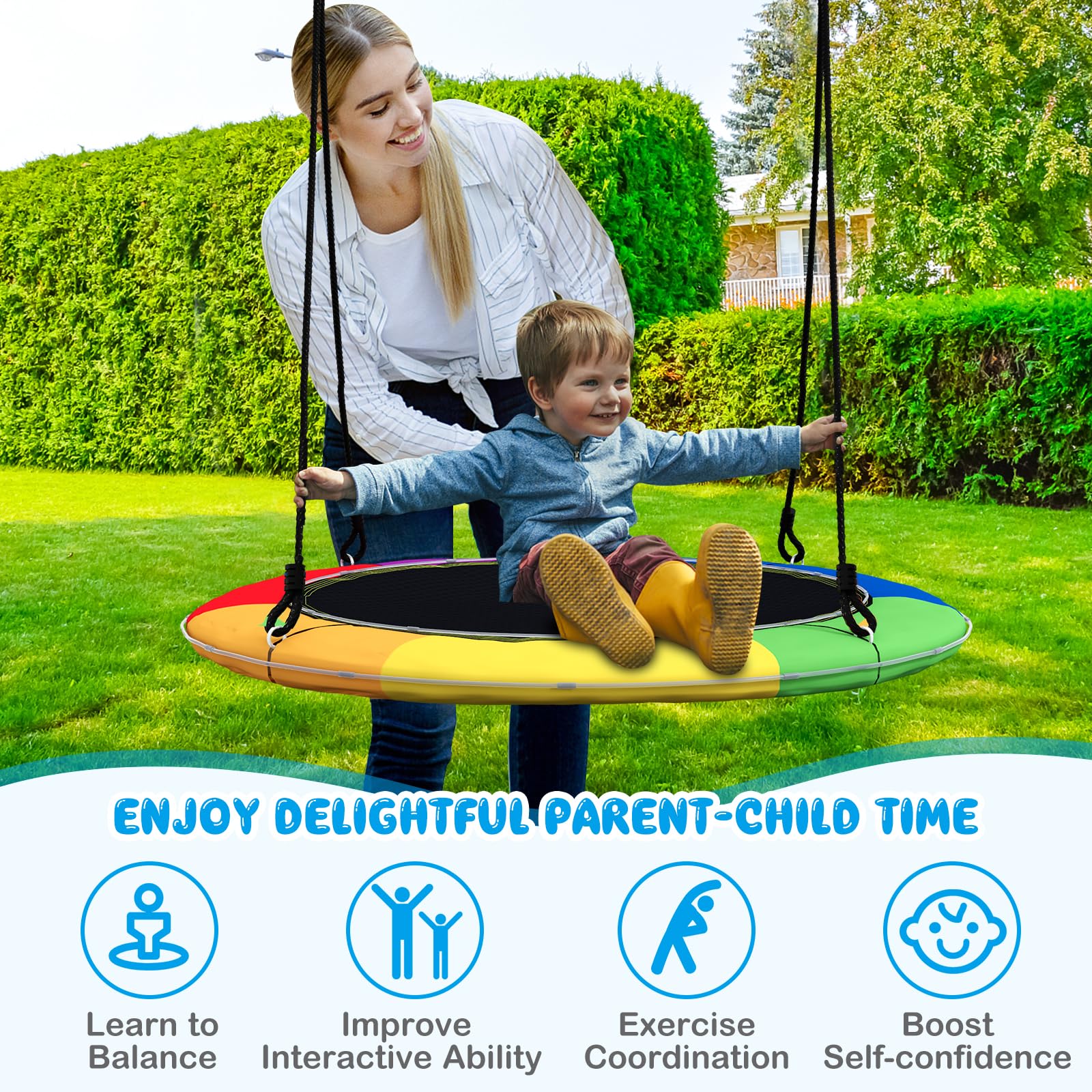 Costzon 40” Flying Saucer Tree Swing with LED Lights for Kids Adults, Indoor Outdoor Saucer Swing with Adjustable Multi-Strand Hanging Ropes, Safe Round Swing for Tree, Swing Set, Backyard (Colorful)