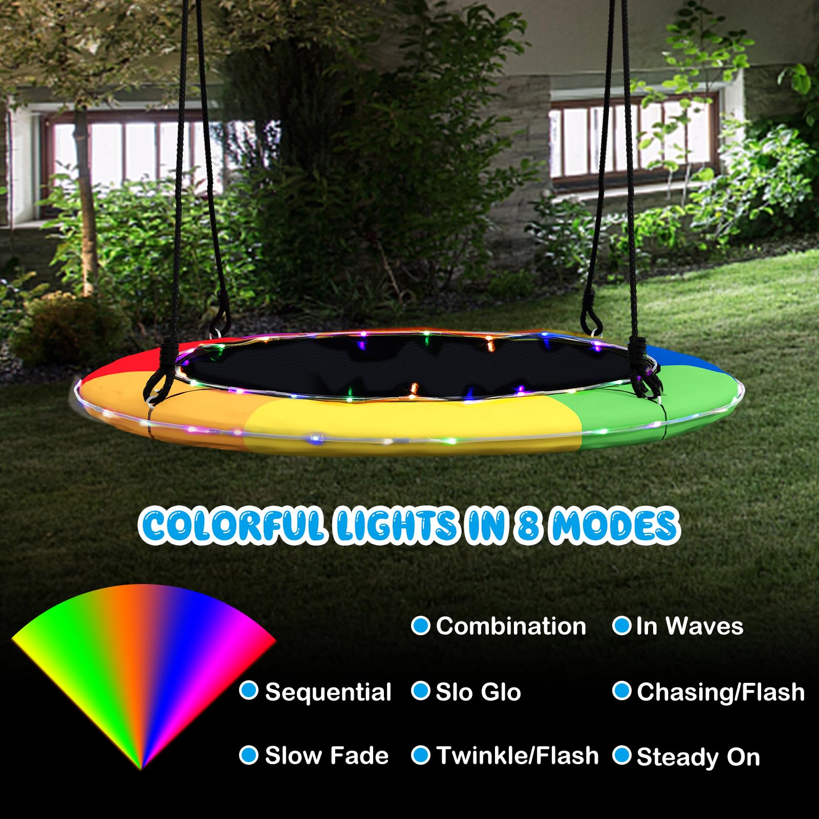 Costzon 40” Flying Saucer Tree Swing with LED Lights for Kids Adults, Indoor Outdoor Saucer Swing with Adjustable Multi-Strand Hanging Ropes, Safe Round Swing for Tree, Swing Set, Backyard (Colorful)
