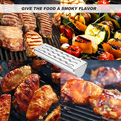 Skyflame Stainless Steel Smoker Box for Wood/Smoking Chips, Universal Barbecue Meat Smoking with Large Wavy Vent and Hinged Lid, Compact Size for Gas BBQ Grill Smoky Grilling, V-Shape