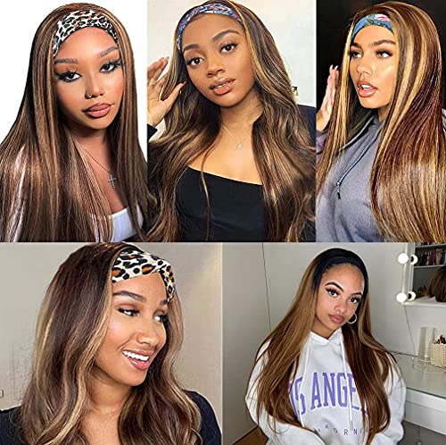 AnglesBeauty Headband Wig for Women 24 Inch Black/Brown Long Highlights Straight Headband Wig, Premium Syntheric Headband Wig Natural Glueless None Lace Front Wigs with Headbands & Wig Caps (24 Inch, Black/Brown)