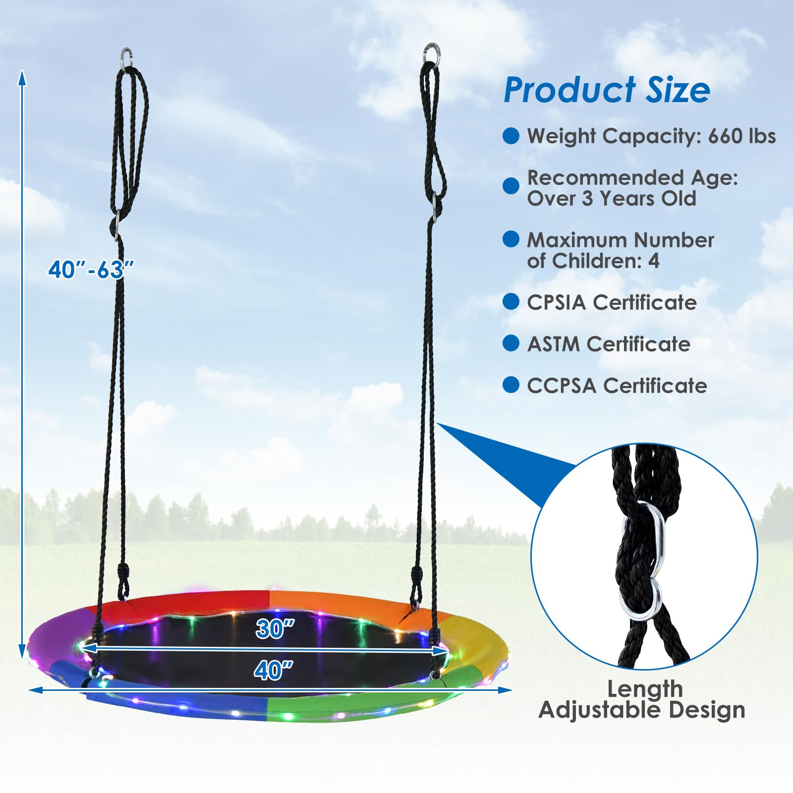 Costzon 40” Flying Saucer Tree Swing with LED Lights for Kids Adults, Indoor Outdoor Saucer Swing with Adjustable Multi-Strand Hanging Ropes, Safe Round Swing for Tree, Swing Set, Backyard (Colorful)