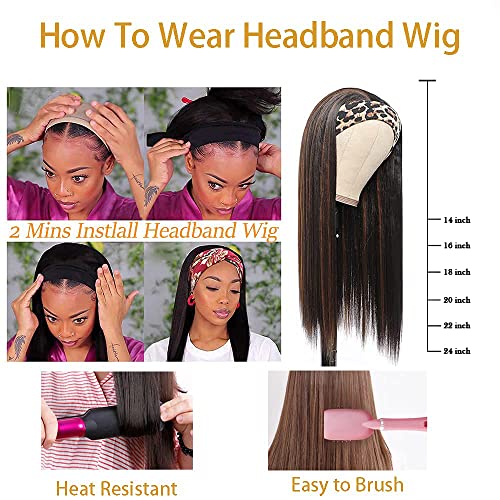 AnglesBeauty Headband Wig for Women 24 Inch Black/Brown Long Highlights Straight Headband Wig, Premium Syntheric Headband Wig Natural Glueless None Lace Front Wigs with Headbands & Wig Caps (24 Inch, Black/Brown)