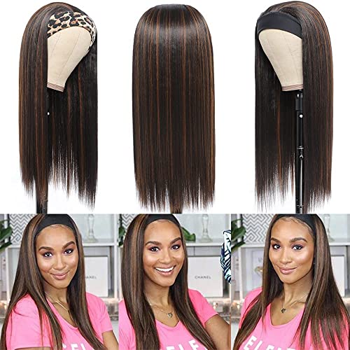 AnglesBeauty Headband Wig for Women 24 Inch Black/Brown Long Highlights Straight Headband Wig, Premium Syntheric Headband Wig Natural Glueless None Lace Front Wigs with Headbands & Wig Caps (24 Inch, Black/Brown)