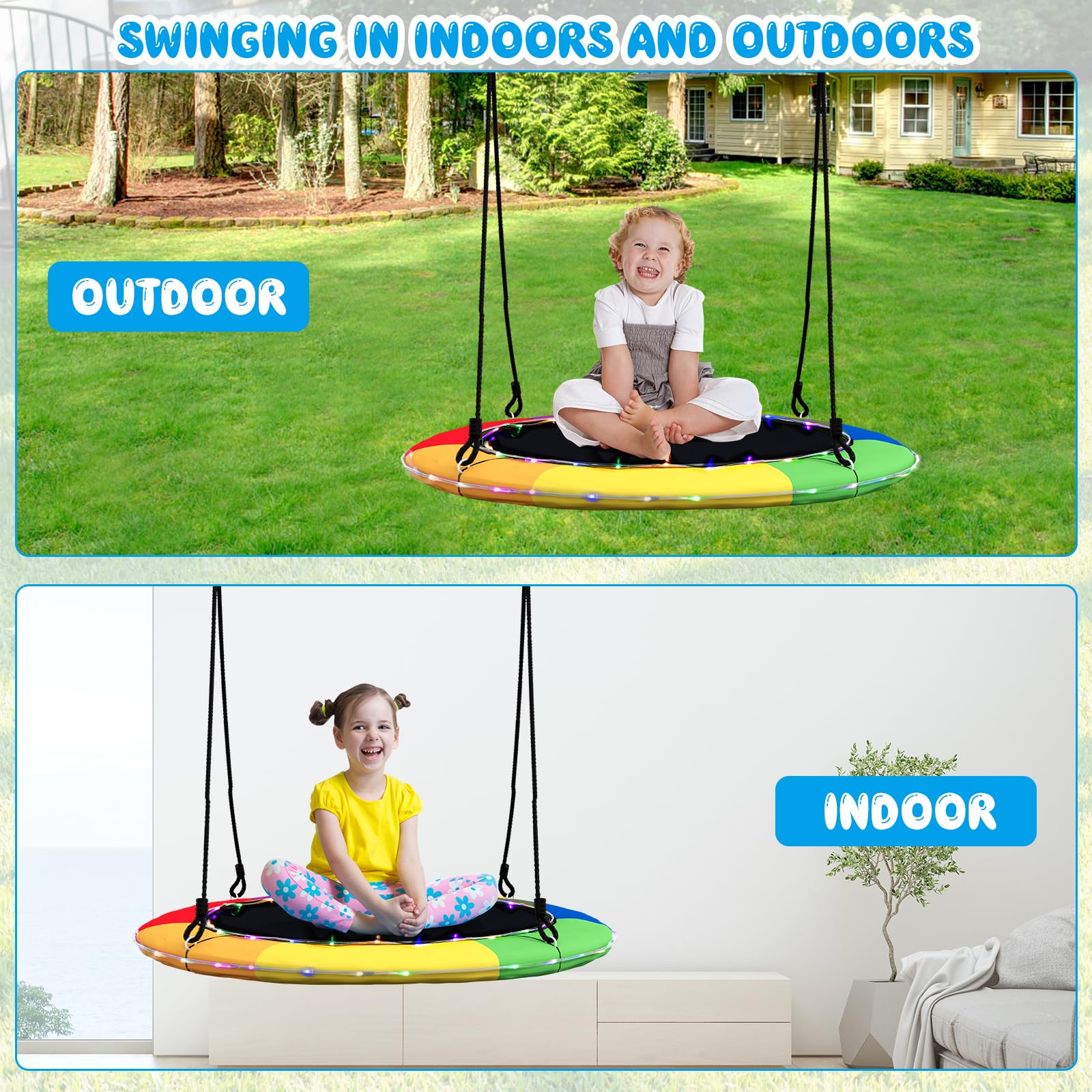 Costzon 40” Flying Saucer Tree Swing with LED Lights for Kids Adults, Indoor Outdoor Saucer Swing with Adjustable Multi-Strand Hanging Ropes, Safe Round Swing for Tree, Swing Set, Backyard (Colorful)