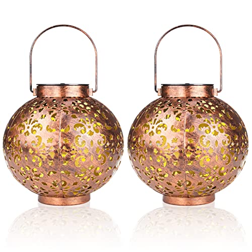 2 Pack Solar Lanterns Outdoor Waterproof Hanging, Solar Powered Lantern Warm White Retro Garden Lanterns, Hollowed-Out Metal Lantern Outdoor Decorative Lights for Yard, Lawn Porch Pathway, Landscape
