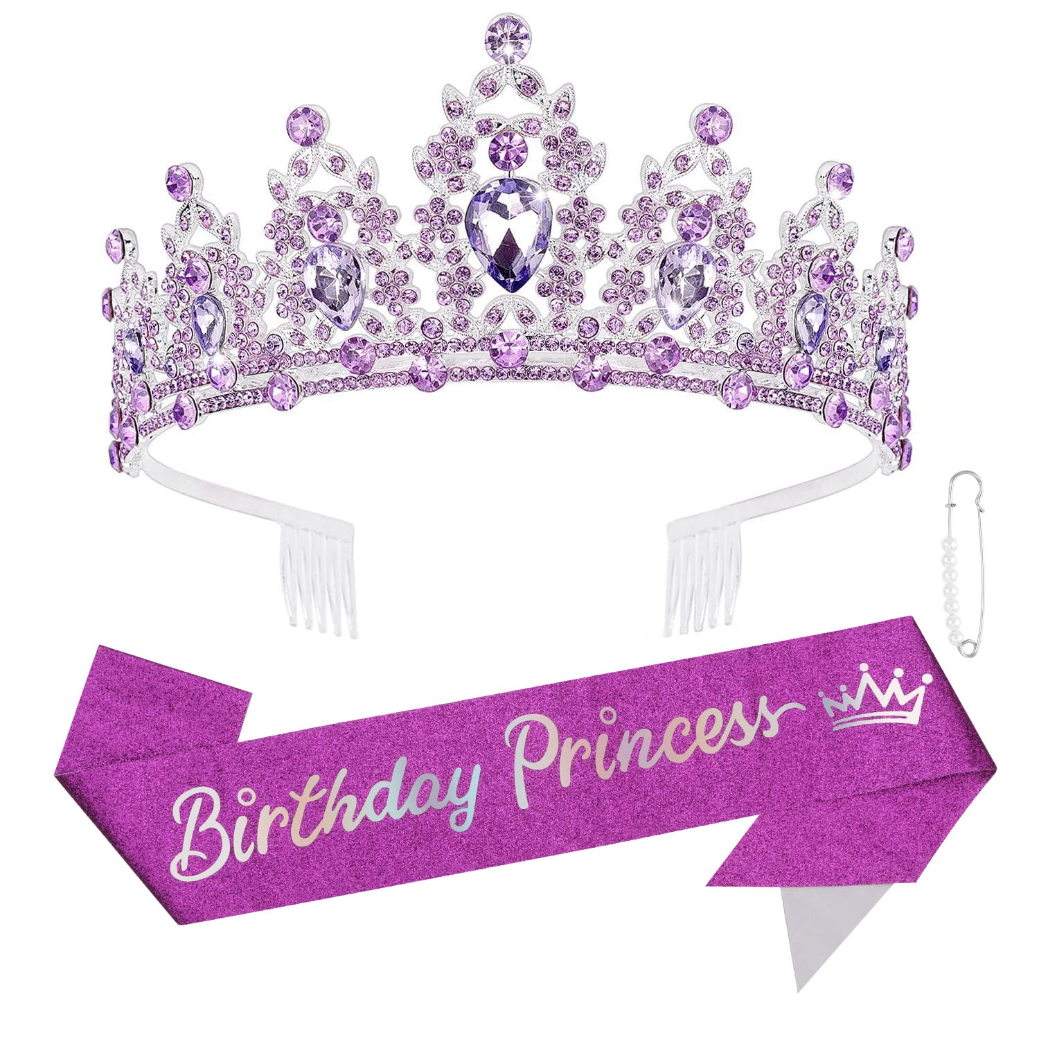 CHANACO Princess Crown Birthday Sash and Tiara Set - Rhinestone Headband, Purple Crown, and Girl's Birthday Decorations Gift