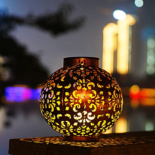 2 Pack Solar Lanterns Outdoor Waterproof Hanging, Solar Powered Lantern Warm White Retro Garden Lanterns, Hollowed-Out Metal Lantern Outdoor Decorative Lights for Yard, Lawn Porch Pathway, Landscape