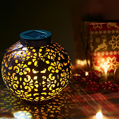 2 Pack Solar Lanterns Outdoor Waterproof Hanging, Solar Powered Lantern Warm White Retro Garden Lanterns, Hollowed-Out Metal Lantern Outdoor Decorative Lights for Yard, Lawn Porch Pathway, Landscape
