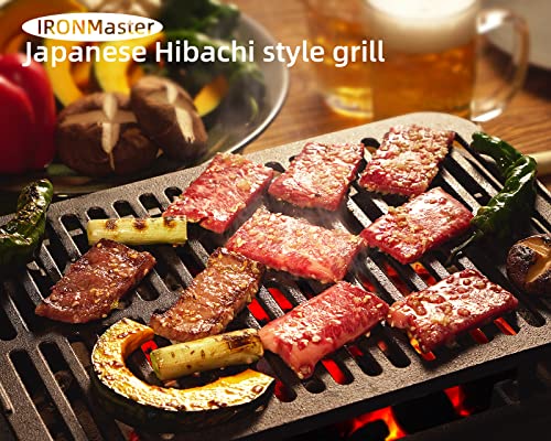 IronMaster Pre-Seasoned Cast Iron Hibachi Grill & Carrying case, Portable for Outdoor Japanese Yakitori BBQ Charcoal Grills, 2 Heights, Air Control & Coal Door