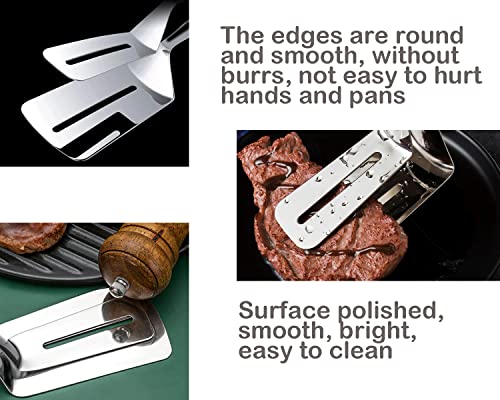 2pcs 304 Stainless Steel Kitchen Cooking Tongs Clip, Multifunctional Spatula Pliers for Steak Fish Bread Hamburger BBQ Frying Pancake Egg Pies Pizza,not Hot with Rubber Handle