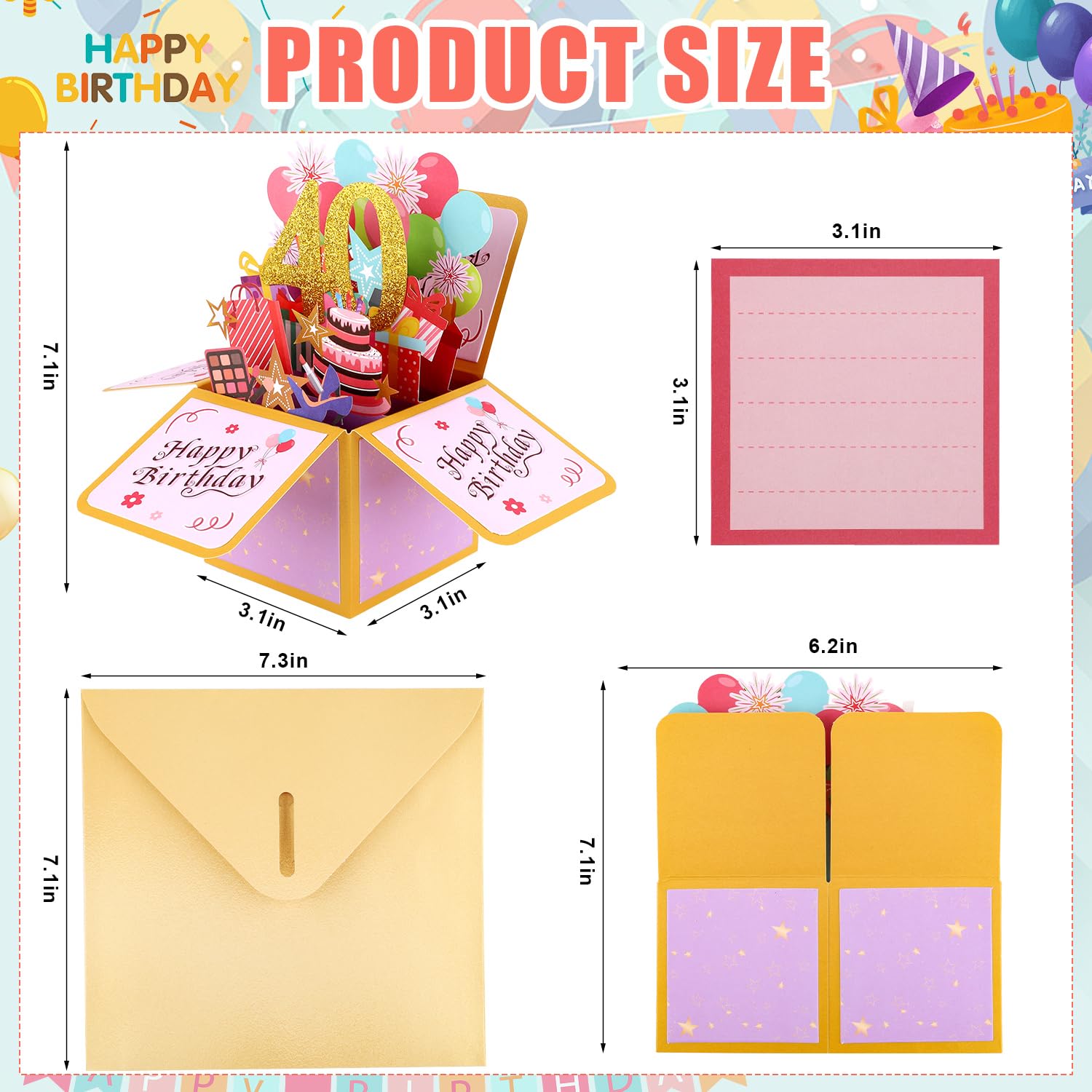 Happy Birthday Pop Up Card, Creative 3D Birthday Card with Classic Envelope & Writing Note Happy Birthday Pop Up Box for Women Men(40th Birthday Card)