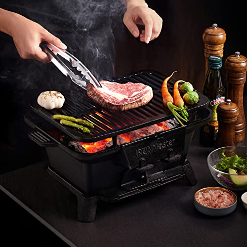 IronMaster Pre-Seasoned Cast Iron Hibachi Grill & Carrying case, Portable for Outdoor Japanese Yakitori BBQ Charcoal Grills, 2 Heights, Air Control & Coal Door