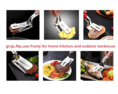 2pcs 304 Stainless Steel Kitchen Cooking Tongs Clip, Multifunctional Spatula Pliers for Steak Fish Bread Hamburger BBQ Frying Pancake Egg Pies Pizza,not Hot with Rubber Handle