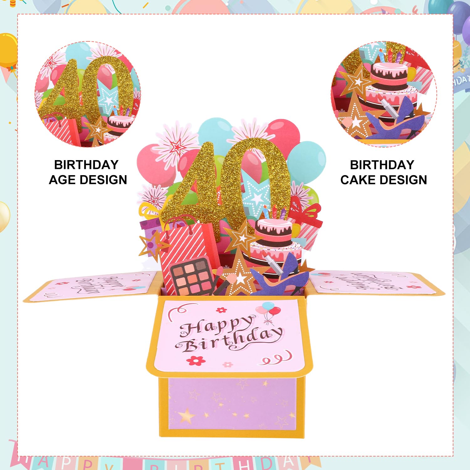Happy Birthday Pop Up Card, Creative 3D Birthday Card with Classic Envelope & Writing Note Happy Birthday Pop Up Box for Women Men(40th Birthday Card)