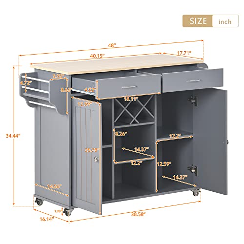 FEELLE Kitchen Island Cart Rolling Mobile Kitchen Island Cart with 2 Storage Cabinets and 4 Locking Wheels, Wine Racks, Drawers, Spice & Towel Rack for Dining Room, Blue