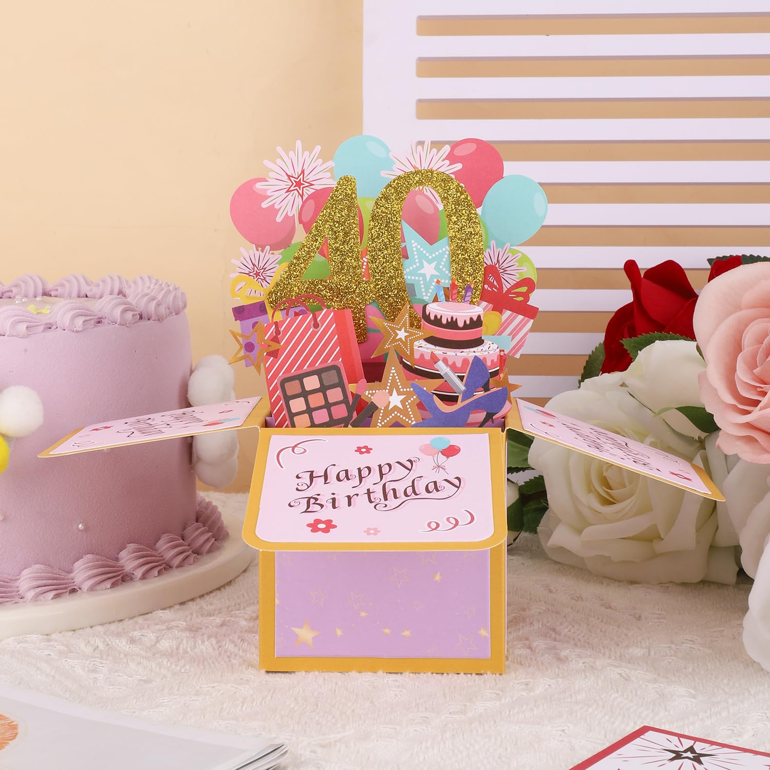 Happy Birthday Pop Up Card, Creative 3D Birthday Card with Classic Envelope & Writing Note Happy Birthday Pop Up Box for Women Men(40th Birthday Card)