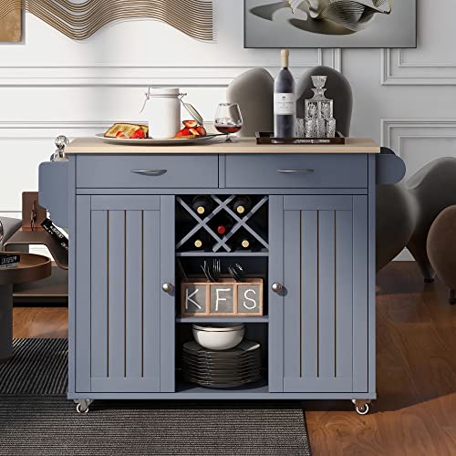 FEELLE Kitchen Island Cart Rolling Mobile Kitchen Island Cart with 2 Storage Cabinets and 4 Locking Wheels, Wine Racks, Drawers, Spice & Towel Rack for Dining Room, Blue