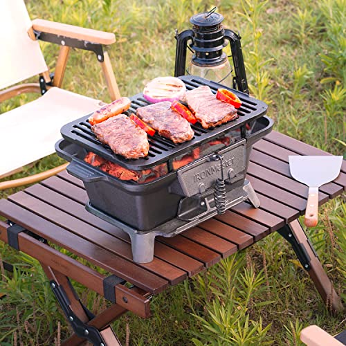 IronMaster Pre-Seasoned Cast Iron Hibachi Grill & Carrying case, Portable for Outdoor Japanese Yakitori BBQ Charcoal Grills, 2 Heights, Air Control & Coal Door