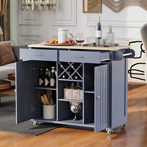 FEELLE Kitchen Island Cart Rolling Mobile Kitchen Island Cart with 2 Storage Cabinets and 4 Locking Wheels, Wine Racks, Drawers, Spice & Towel Rack for Dining Room, Blue