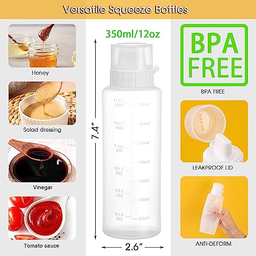 PARBEE 12oz Condiment Porous Squeeze Bottles, 2 Pack Refillable Condiment Containers Ketchup Squeeze Bottles, Leak Proof Syrup Dispenser for BBQ Sauce, Salad Dressing, Oil