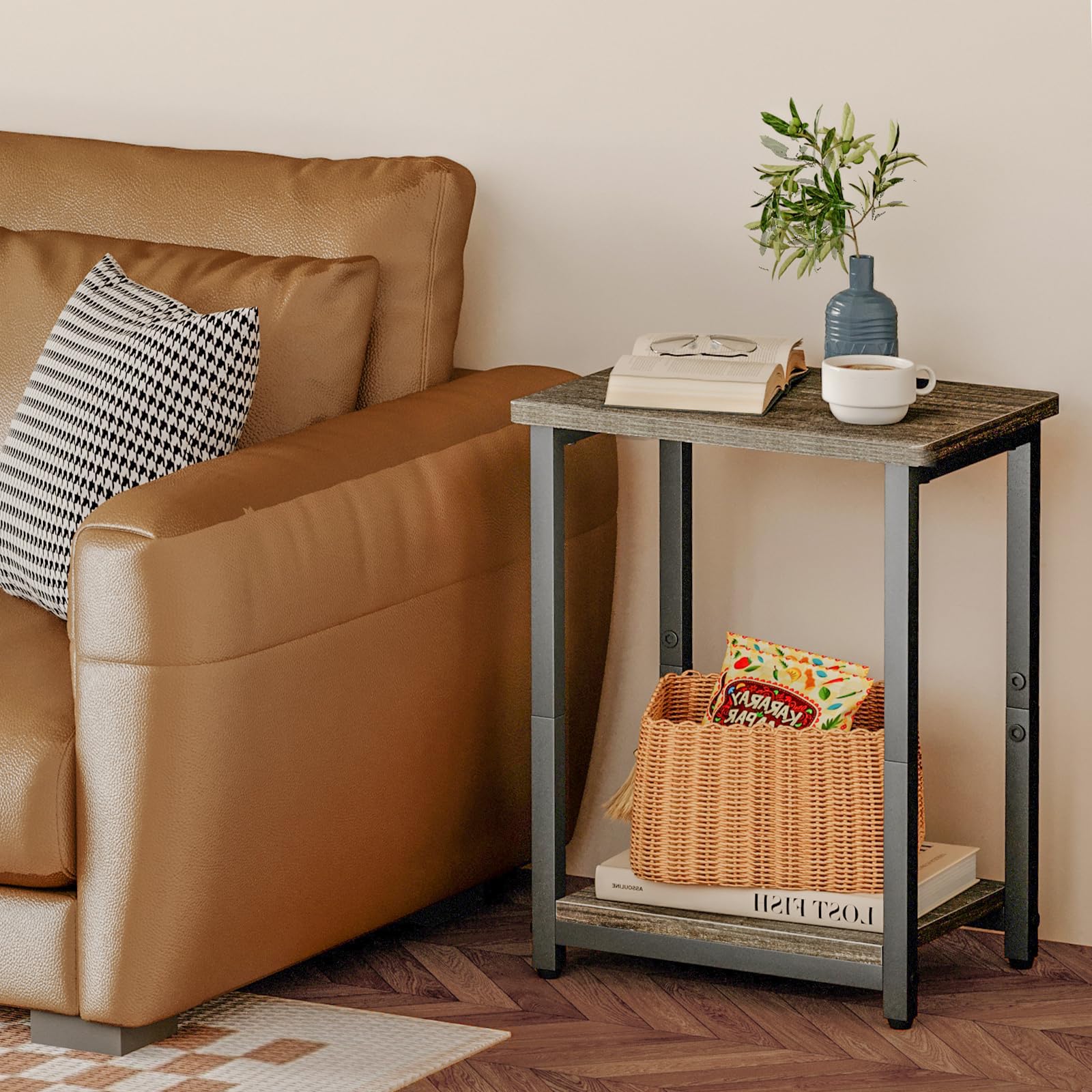 Fixwal Side Tables Set of 2, 2-Tier Small End Table Sofa Table Nightstand Bedside Table for Living Room, Bedroom, Office, Grey and Black