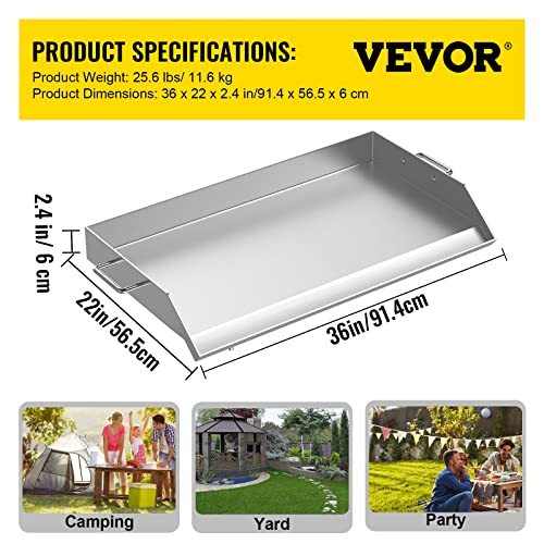 VEVOR Stainless Steel Griddle,36" x 22" Universal Flat Top Rectangular Plate, BBQ Charcoal/Gas Non-Stick Grill with 2 Handles and Grease Groove with Hole,Grills for Camping, Tailgating and Parties