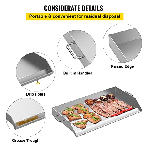 VEVOR Stainless Steel Griddle,36" x 22" Universal Flat Top Rectangular Plate, BBQ Charcoal/Gas Non-Stick Grill with 2 Handles and Grease Groove with Hole,Grills for Camping, Tailgating and Parties